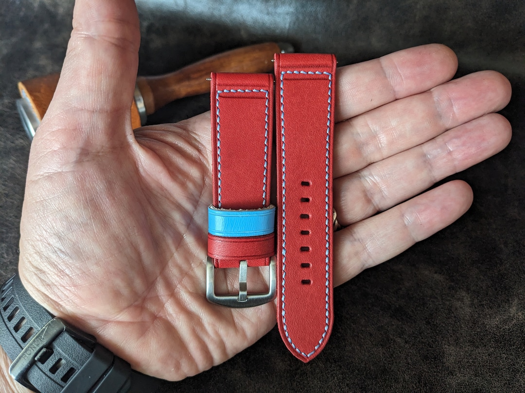 Red Leather Watch Band, Handmade 22mm 24mm 26mm Watch Strap, Wristwatch ...