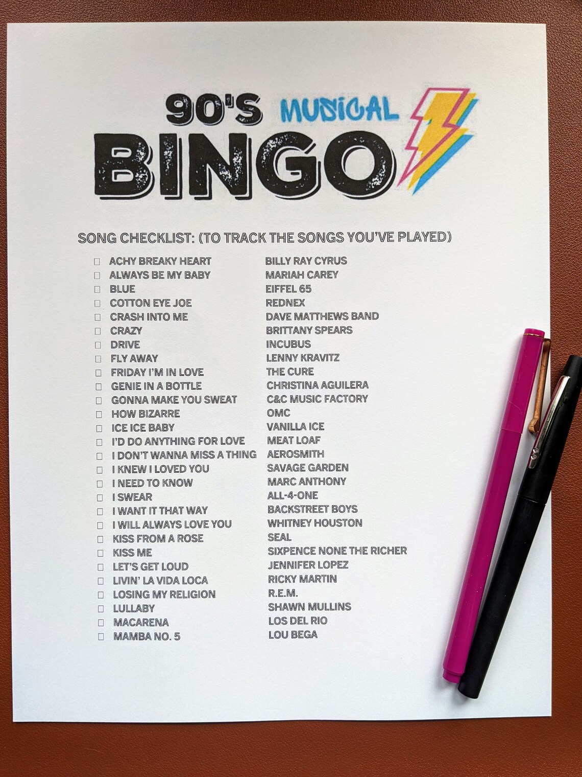 90's Musical BINGO - Etsy