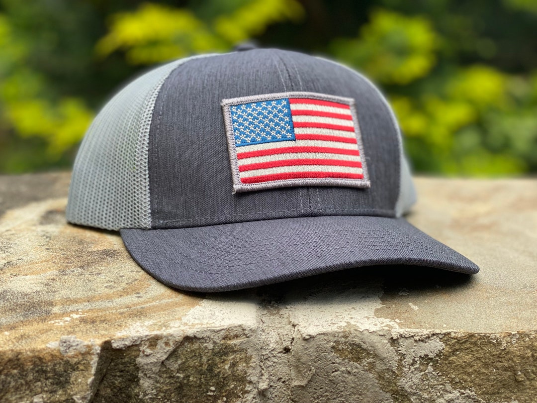 Heathered Grey Trucker Hat, Subdued American Flag Patch - Etsy