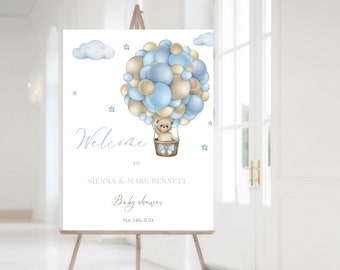 Editable Teddy Bear Hot Air Balloon Baby Shower Welcome Sign Boy Blue ...
