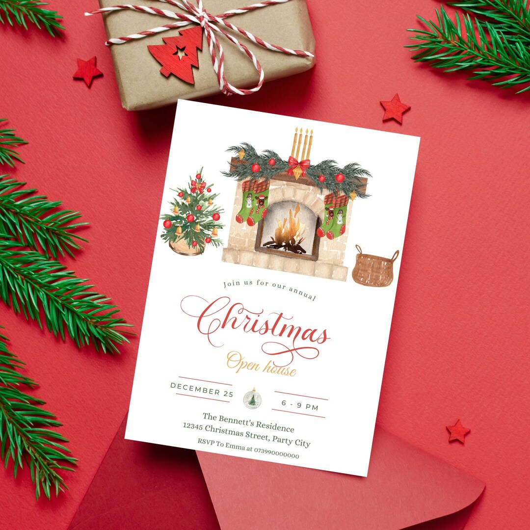 Editable Christmas Open House Party Invitation, Rustic Fireplace ...