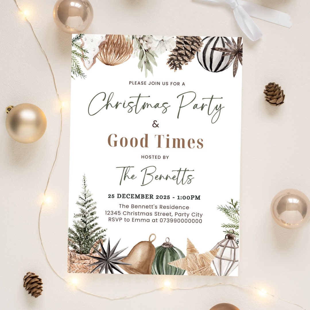 Editable Christmas Party Invitation, Boho Christmas Invite, Christmas ...