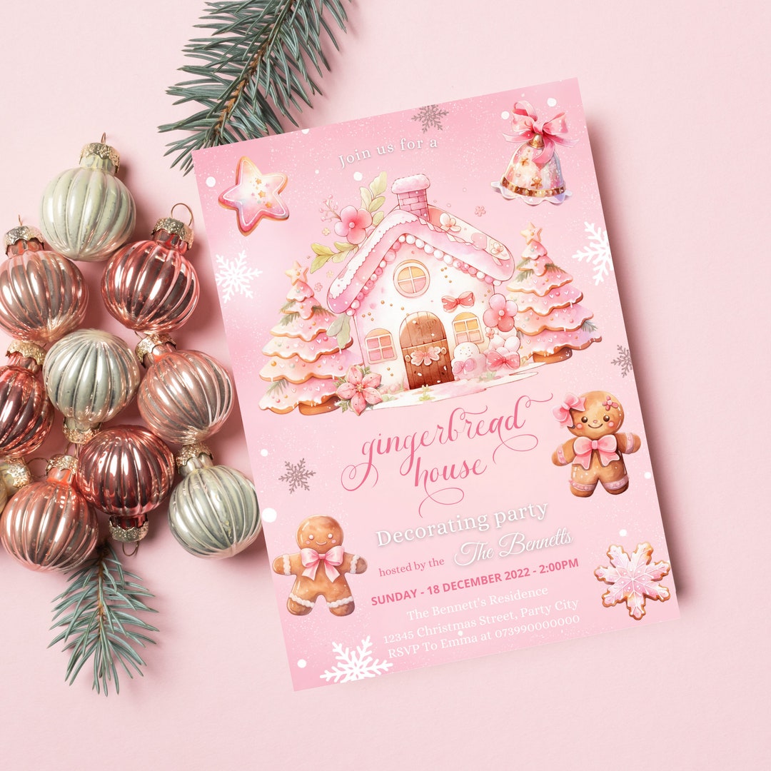 Editable Gingerbread House Decorating Party Invitation, Pink ...