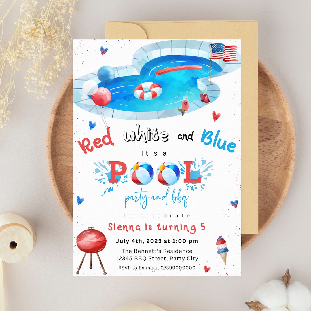 Editable 4th of July Pool Party Birthday Invitation - 4th of July ...