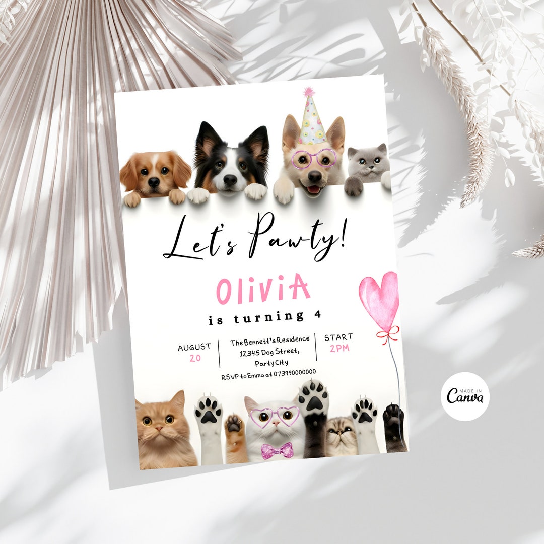 Editable Dog and Cat Birthday Party Invitation Pawty Birthday Party ...