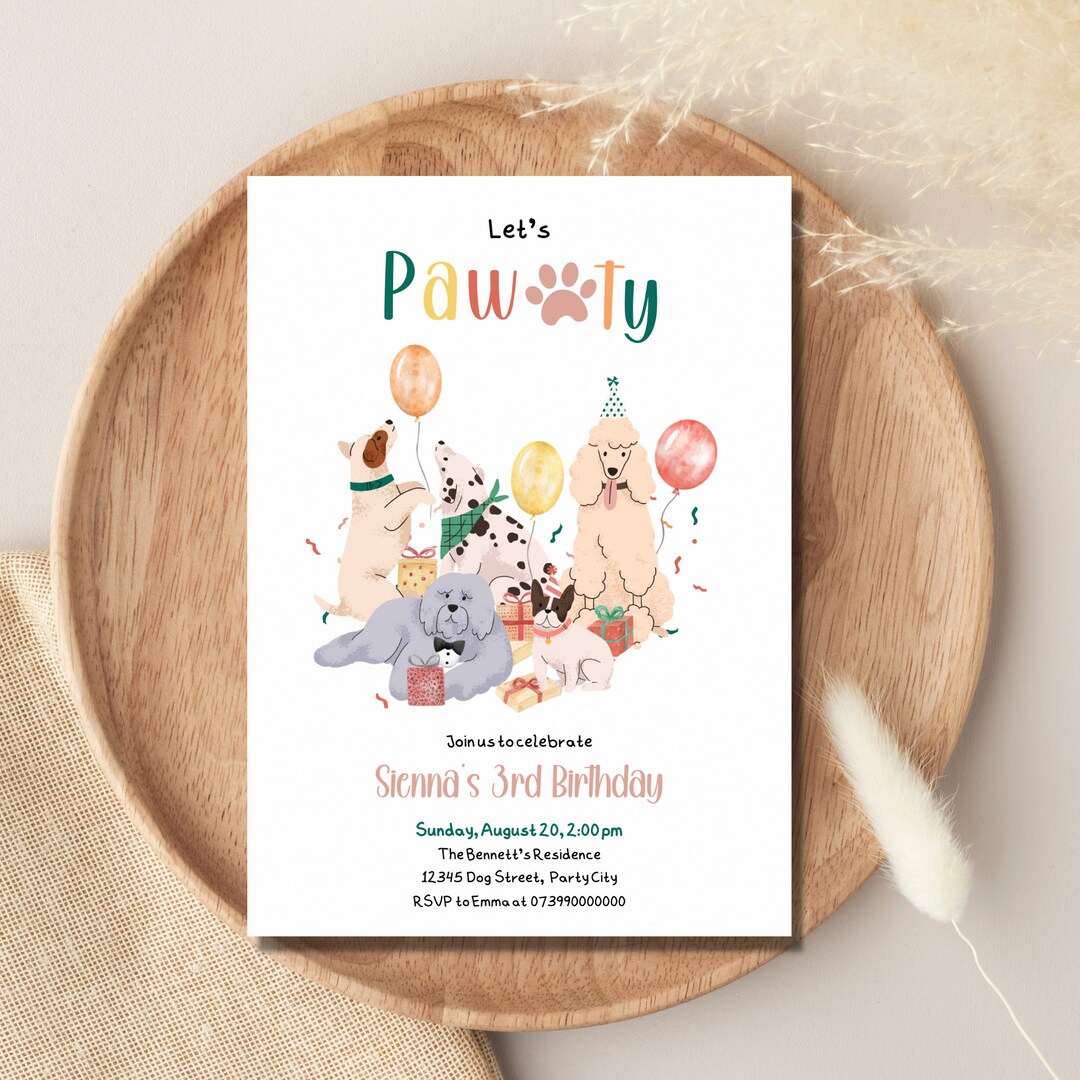 Dog Invitation Birthday Party Invites Puppy Pawty Boy Girl Invite ...