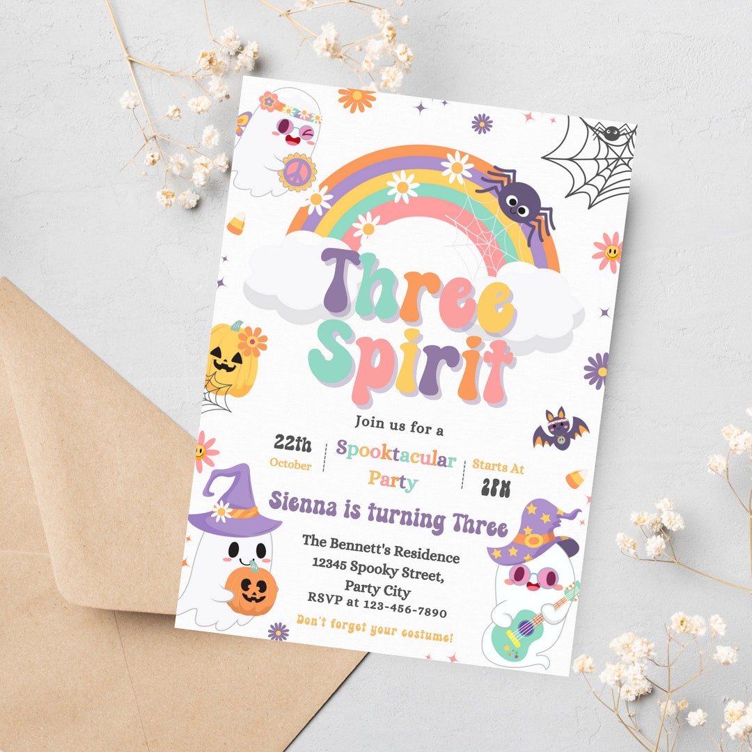 Editable Three Spirit Halloween 3rd Birthday Ghost Birthday Invite ...