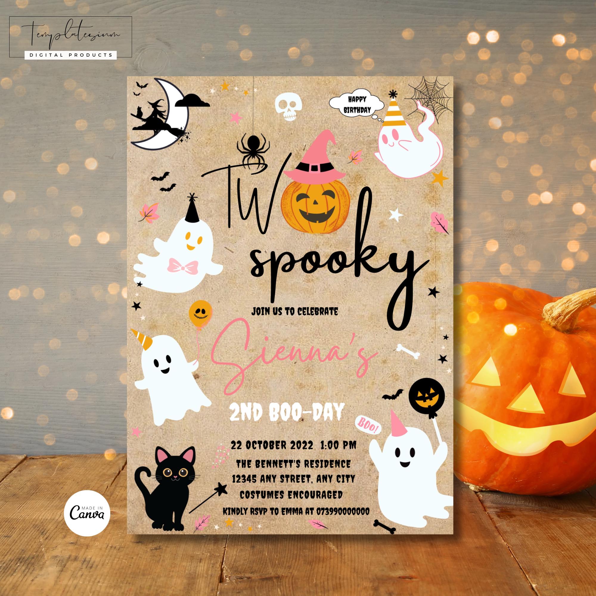 Editable Two Spooky Vintage Halloween Ghost 2nd Birthday Party Invite ...
