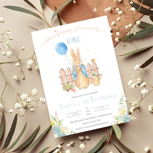 Editable Peter Rabbit 1st Birthday Party Invitation, Rustic Bunny First ...