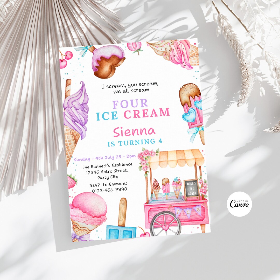 Editable Ice Cream Birthday Invite Ice Cream Party 4th Birthday Invite ...