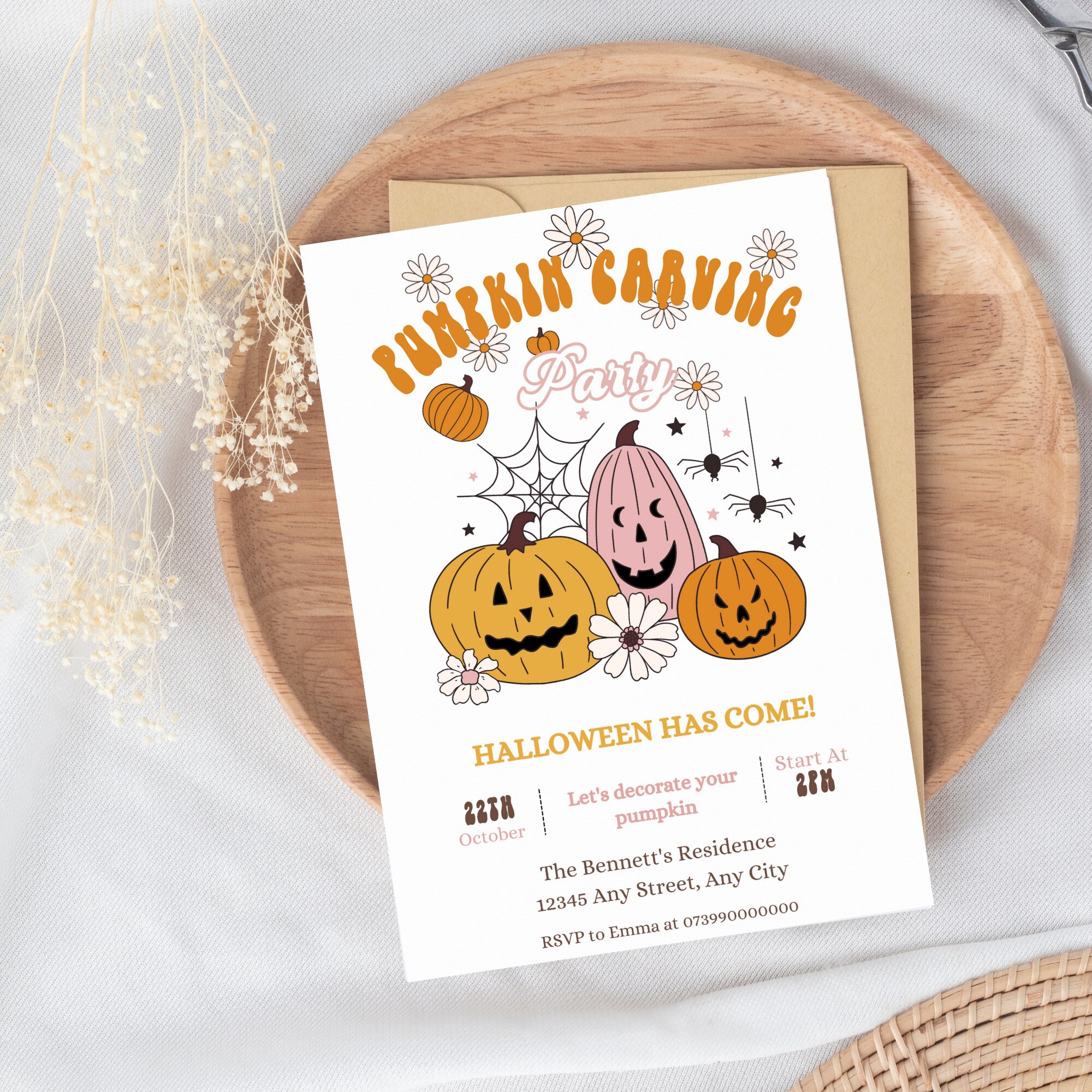 Editable Pumpkin Carving Party Invitation Retro Hippie Spooky - Etsy