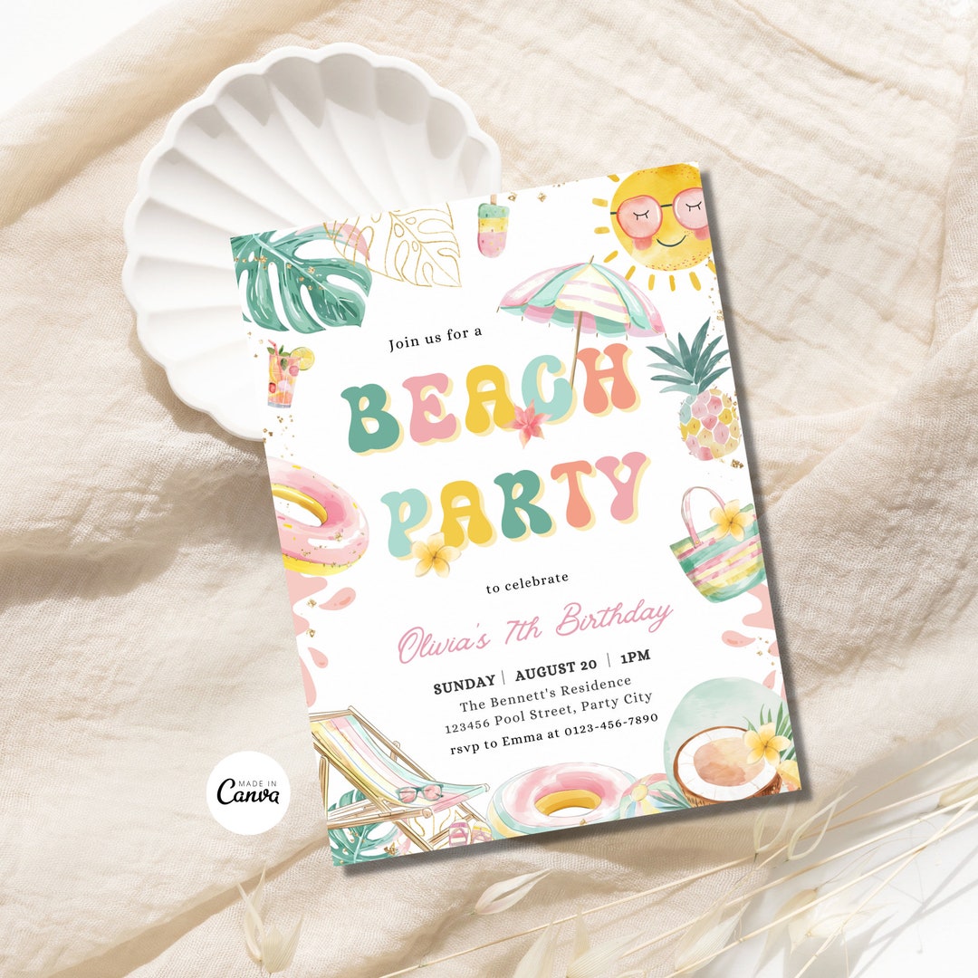 Tropical Beach Party Girl Birthday Invitation Editable Water Birthday ...
