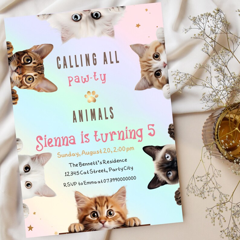 Editable Cat Invitation, Cute Cats Birthday Invite, Kitty Cat Birthday ...