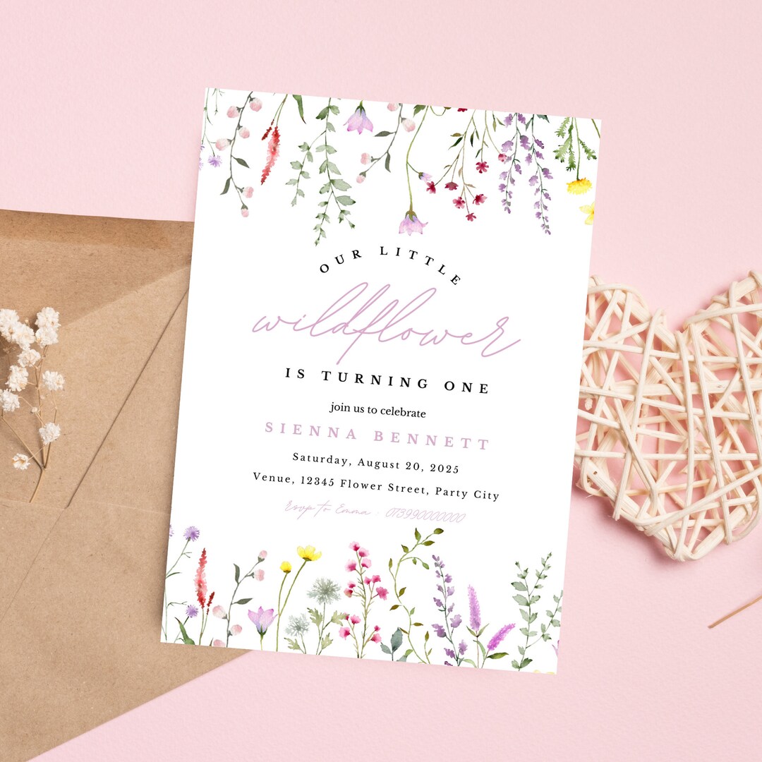 Editable Wildflower 1st Birthday Party Invitation Template, Wildflower ...