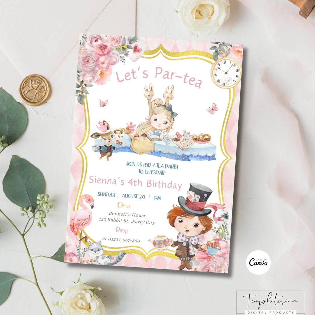 Alice in Wonderland Tea Invite Wonderland Birthday Tea Party Invite ...