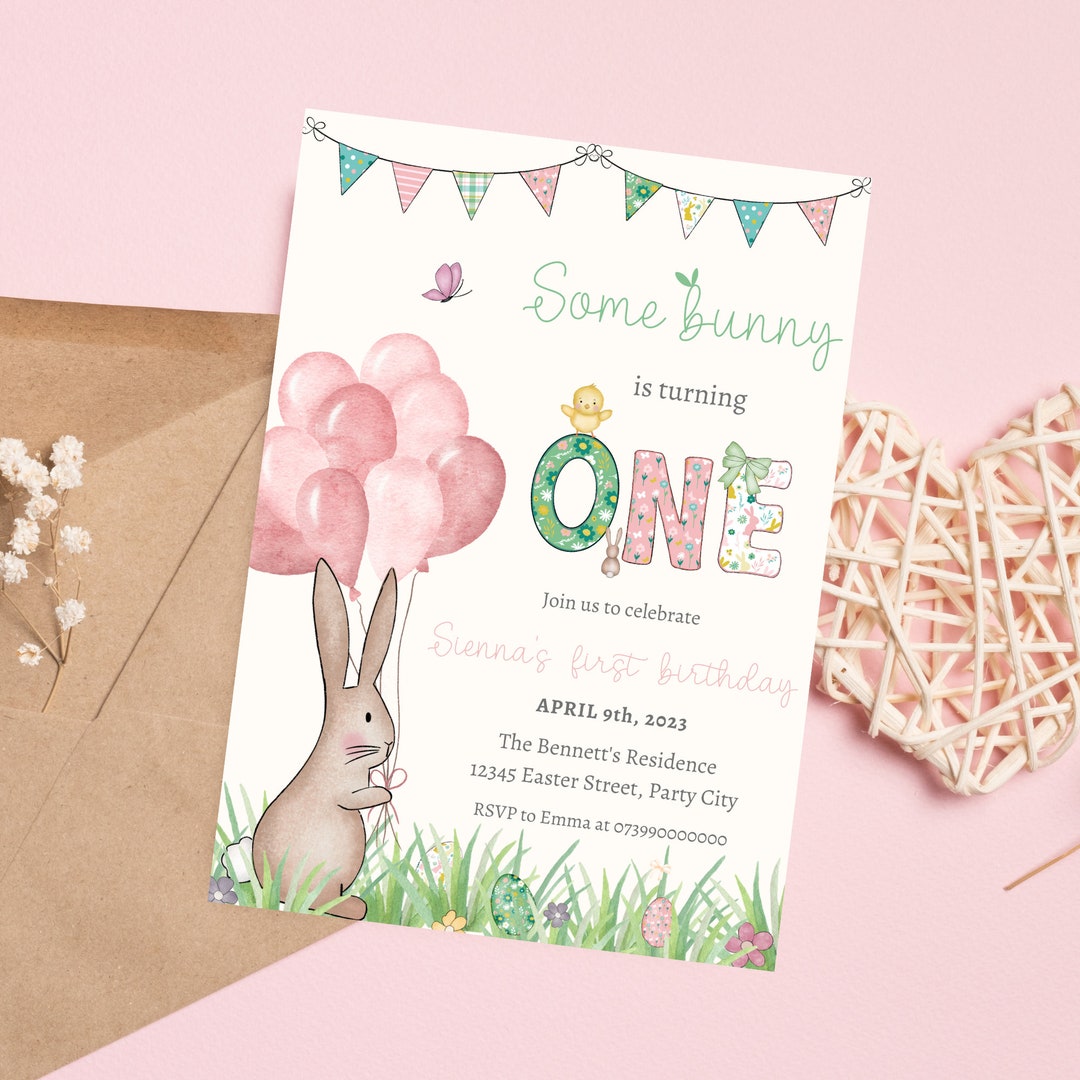 Editable Bunny 1st Birthday Invitation, Rabbit Birthday Invite ...