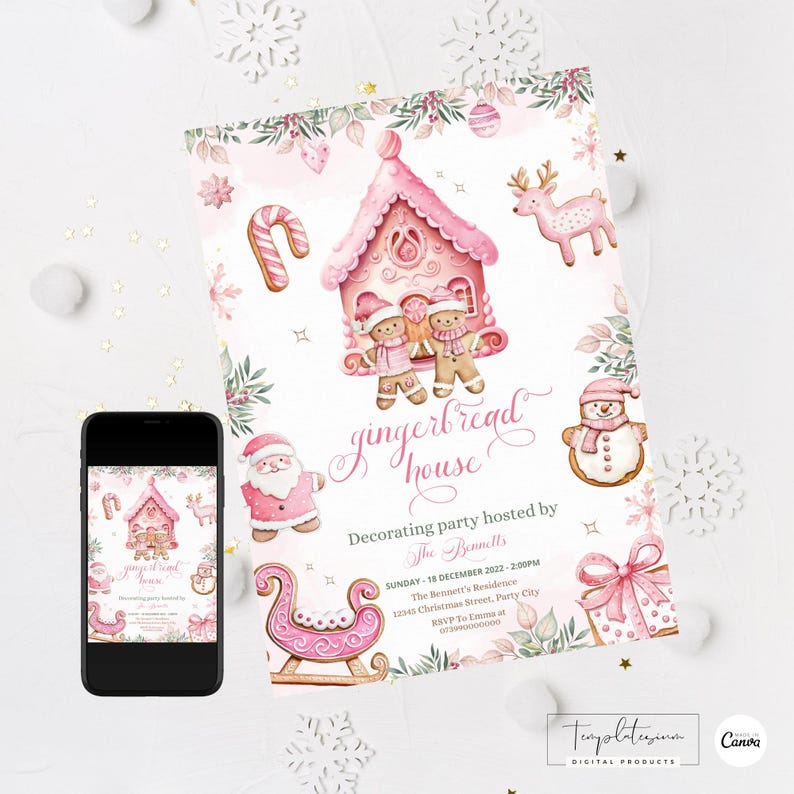 Editable Gingerbread House Decorating Party Invitation, Pink ...
