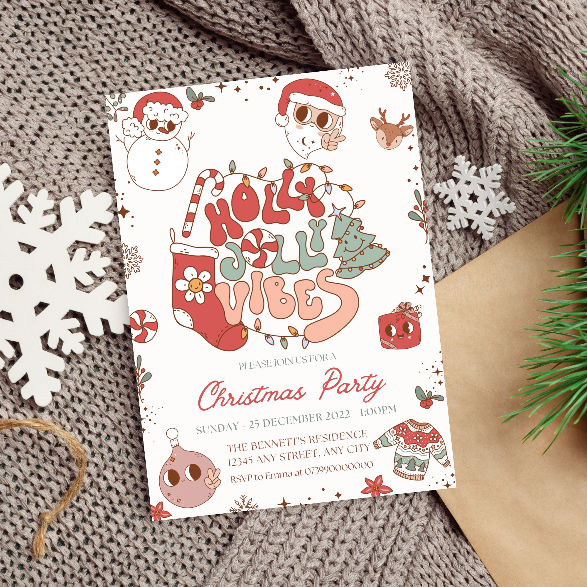 Editable Holly Jolly Vibes Party Invitation, Groovy Christmas Party ...