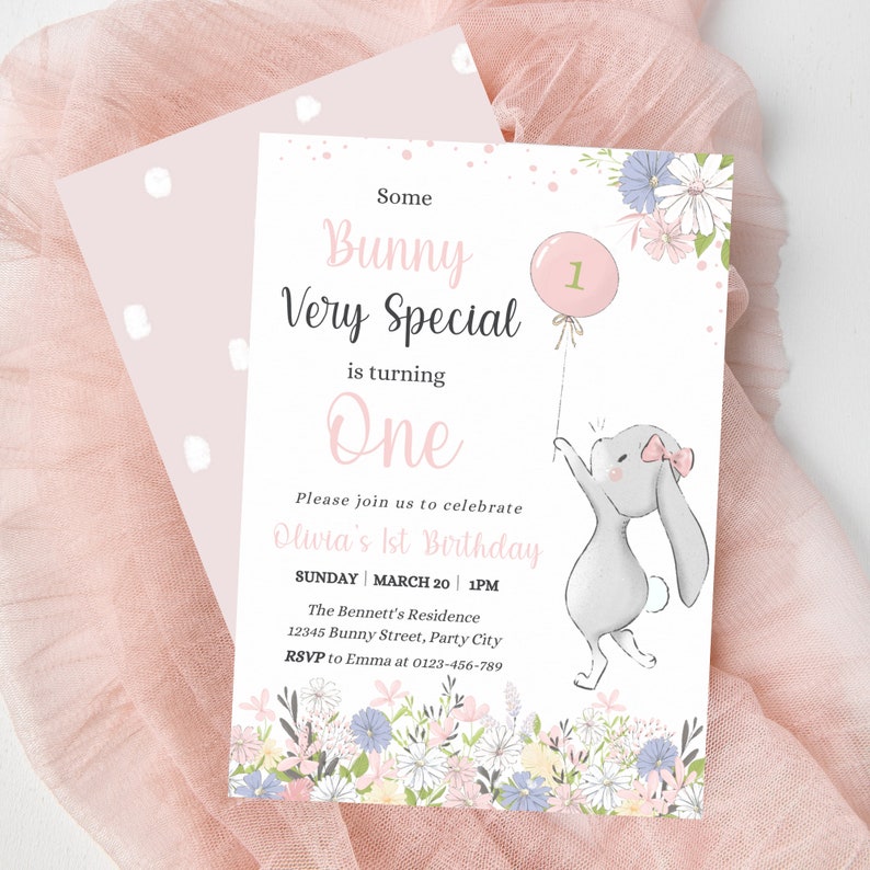 Editable Bunny 1st Birthday Invitation, Girl Any Age Bunny Birthday ...