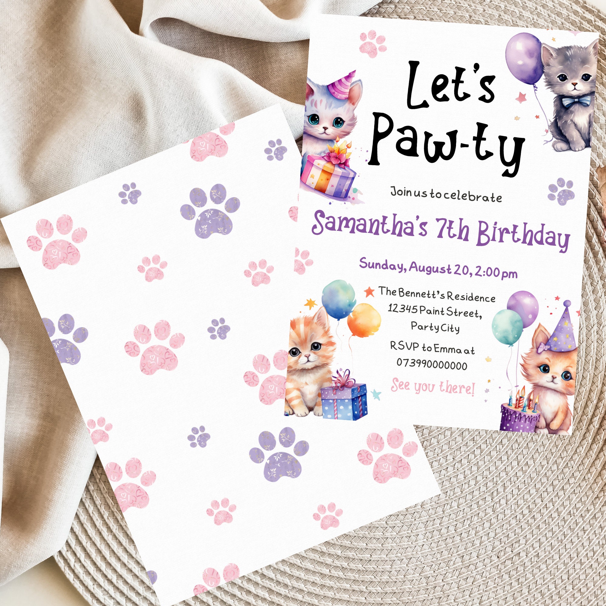Editable Cat Invitation, Cute Cats Birthday Invite, Kitty Cat Birthday ...