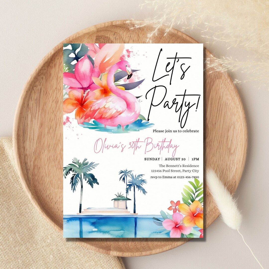 Tropical Pool Party Girl Birthday Invitation Editable Modern Simple ...