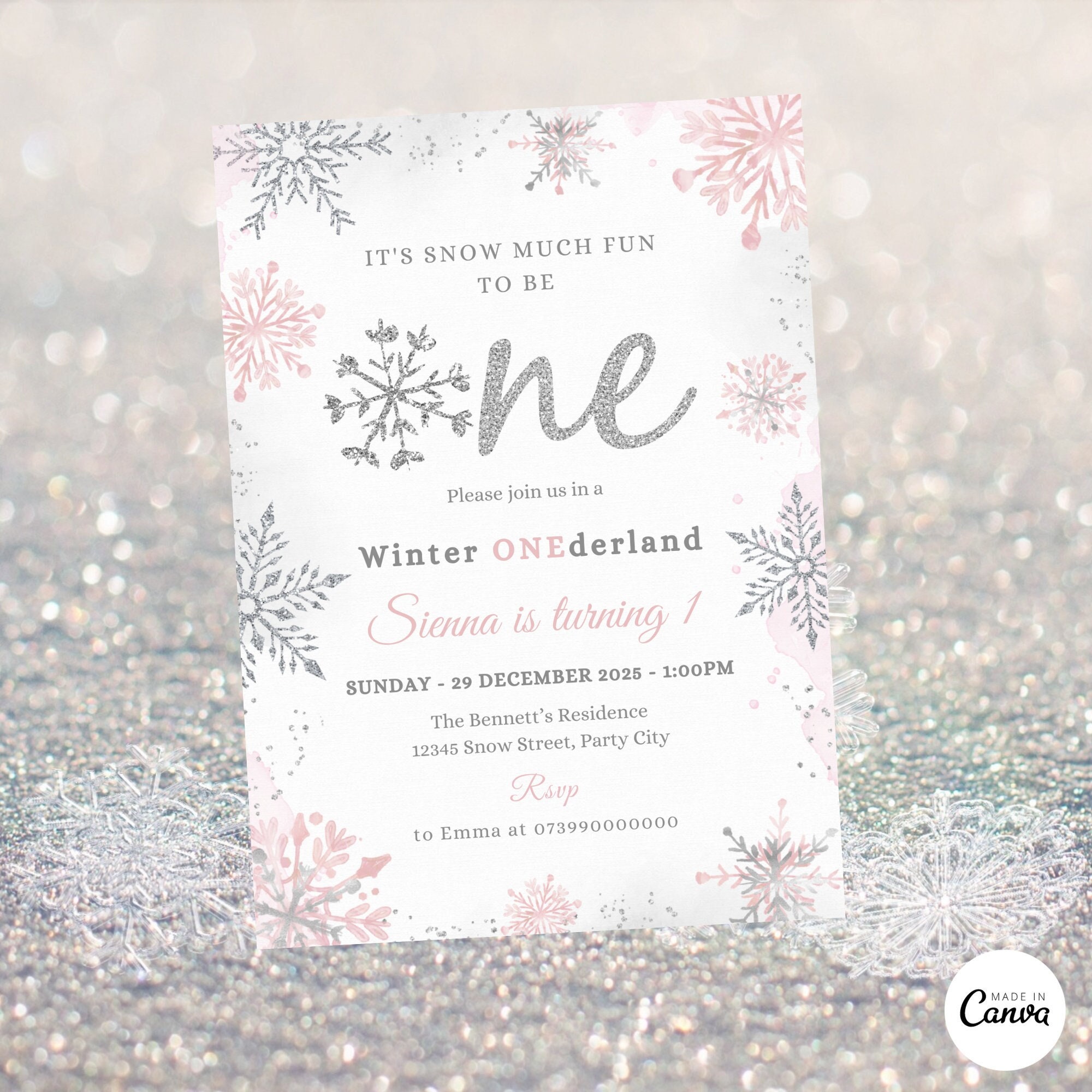 Editable WINTER Onederland Invitation, Pink Silver Winter Wonderland ...