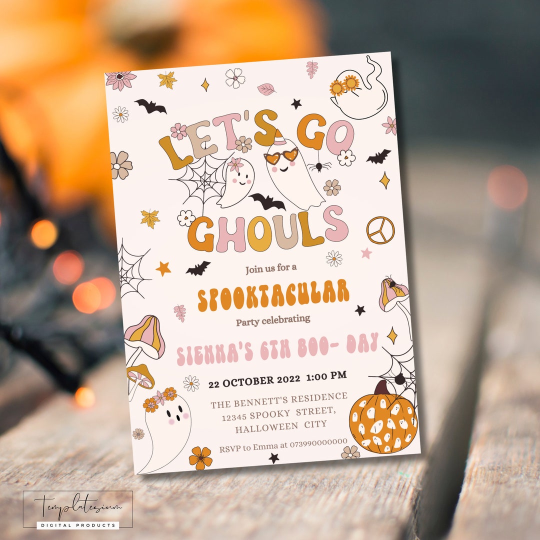 Editable Lets Go Ghouls Halloween Invite, Cute Ghost Invite, Retro ...