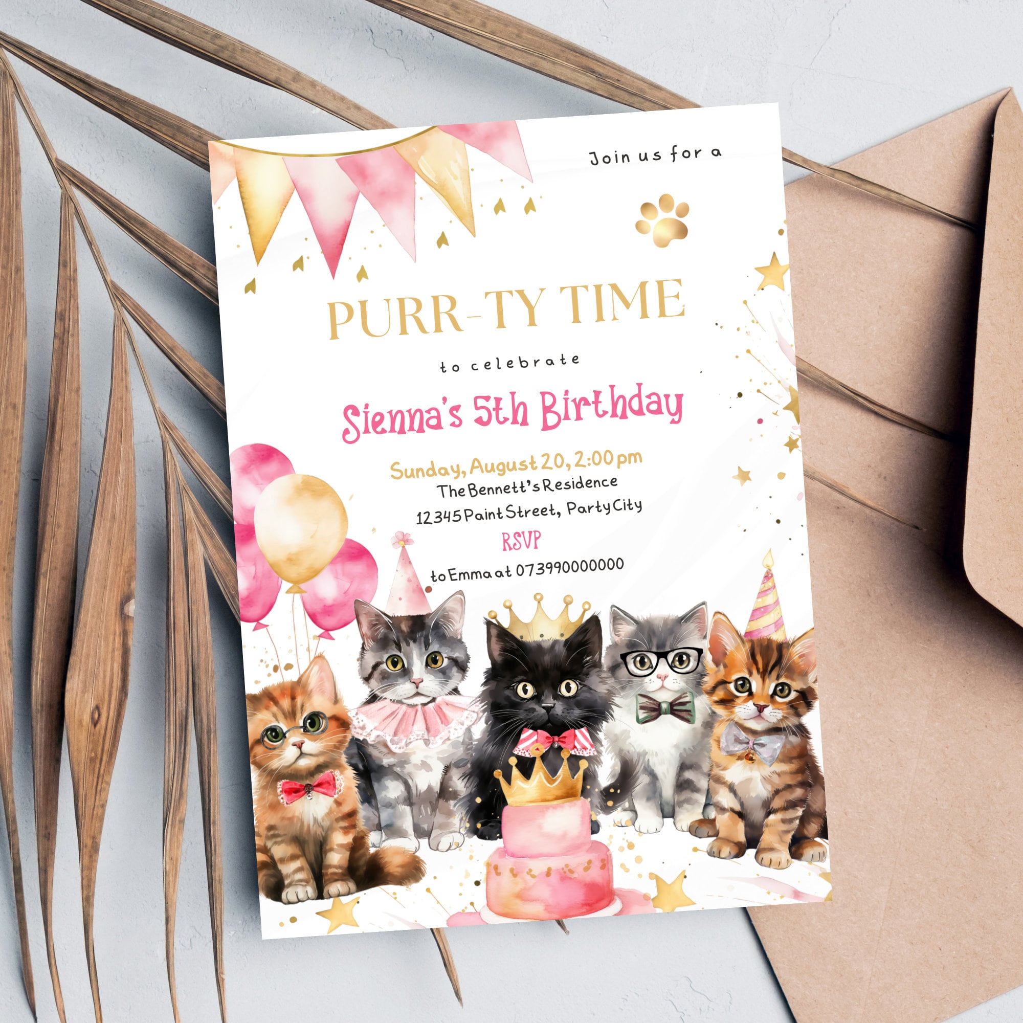 Editable Cat Invitation, Cute Cats Birthday Invite, Kitty Cat Birthday ...