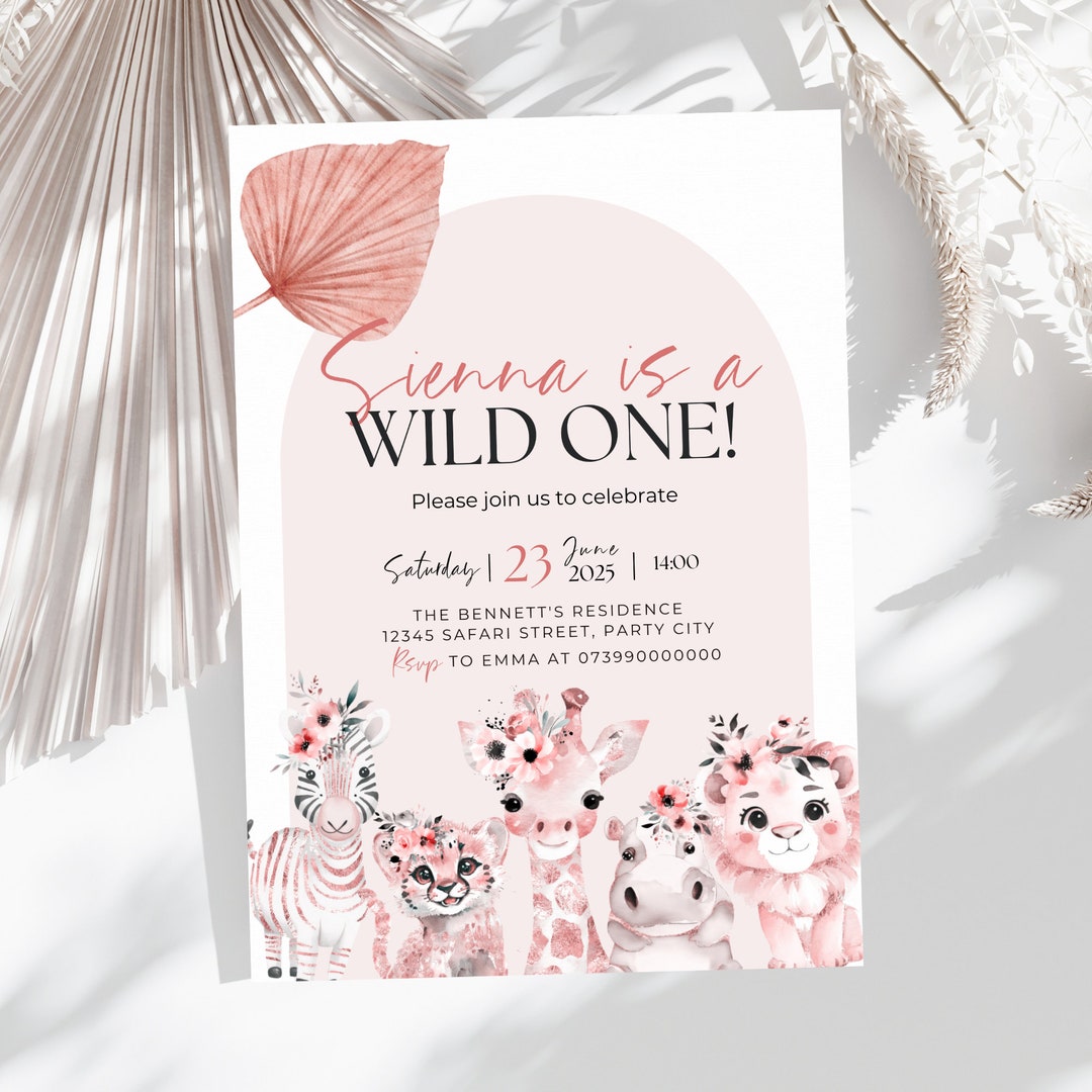 Editable Boho Safari Birthday Invitation, Girl Pink Wild One Invitation ...