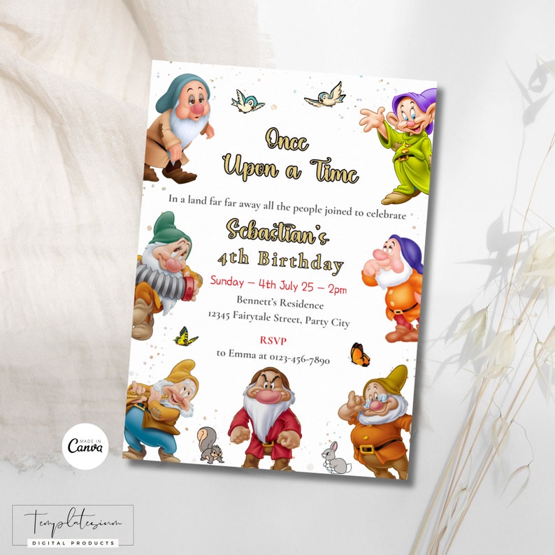 The Seven Dwarfs Invitation Editable Boy Birthday Invite Snow White ...