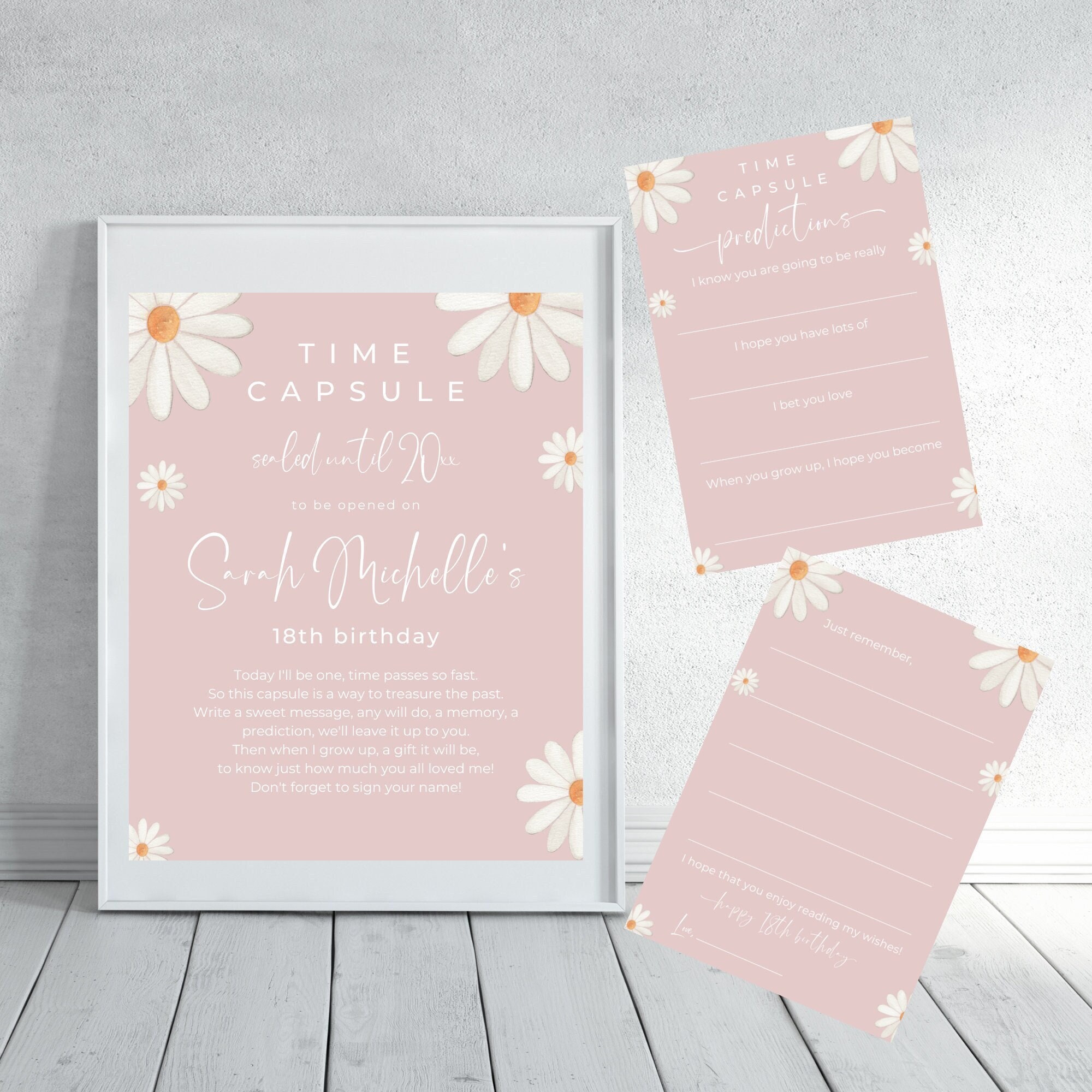 Editable Daisy Birthday Party Time Capsule Predictions and Note Card ...