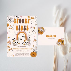 Editable Halloween Spooky Vibes Cute Ghost Birthday Party Invite, Retro ...