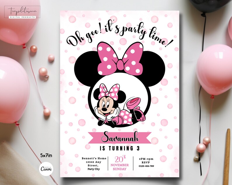 Editable Minnie Mouse Birthday Invitation, Pink Bow Invite, Digital ...