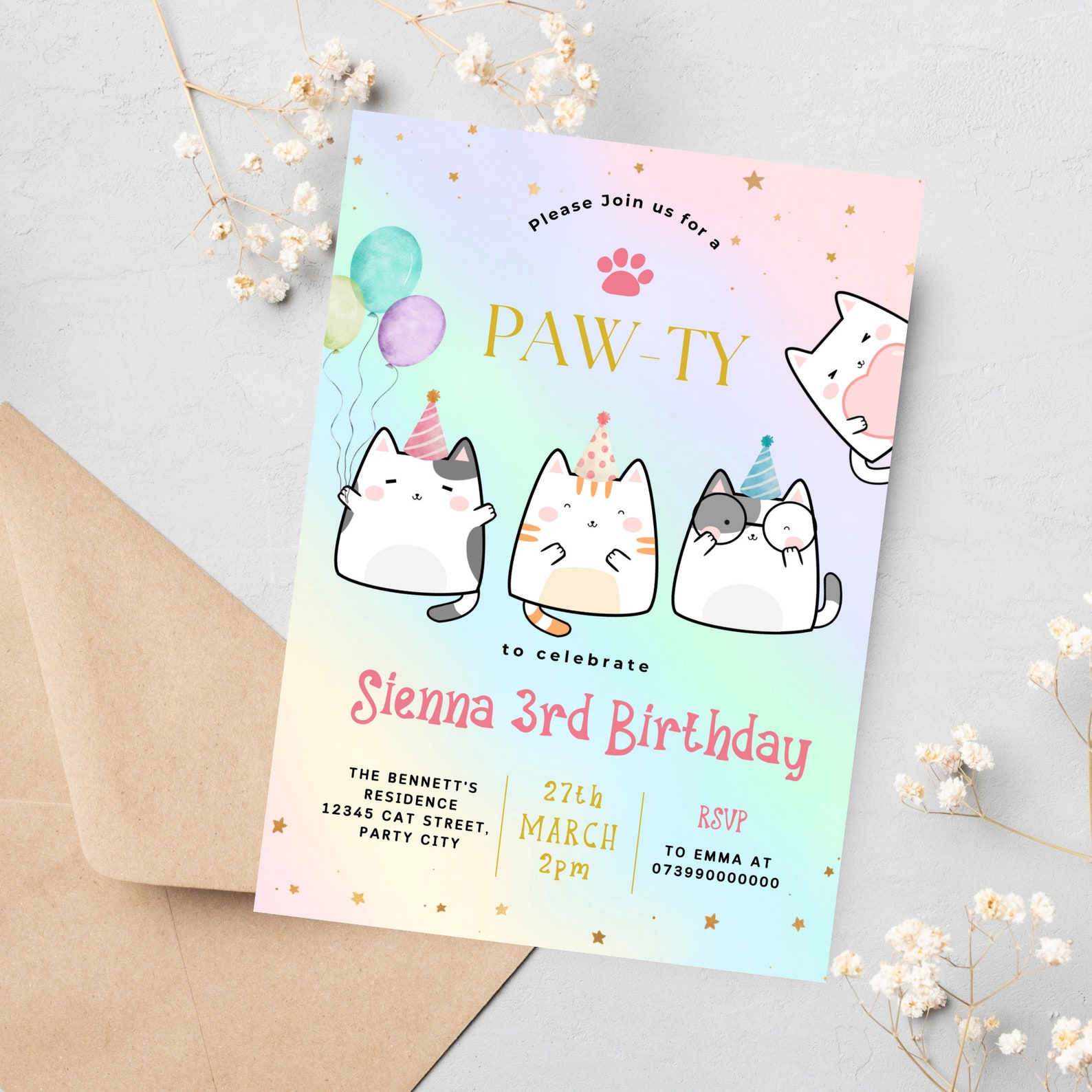 Editable Cat Invitation, Kitten Birthday Invite, Rainbow Kitty Cat ...