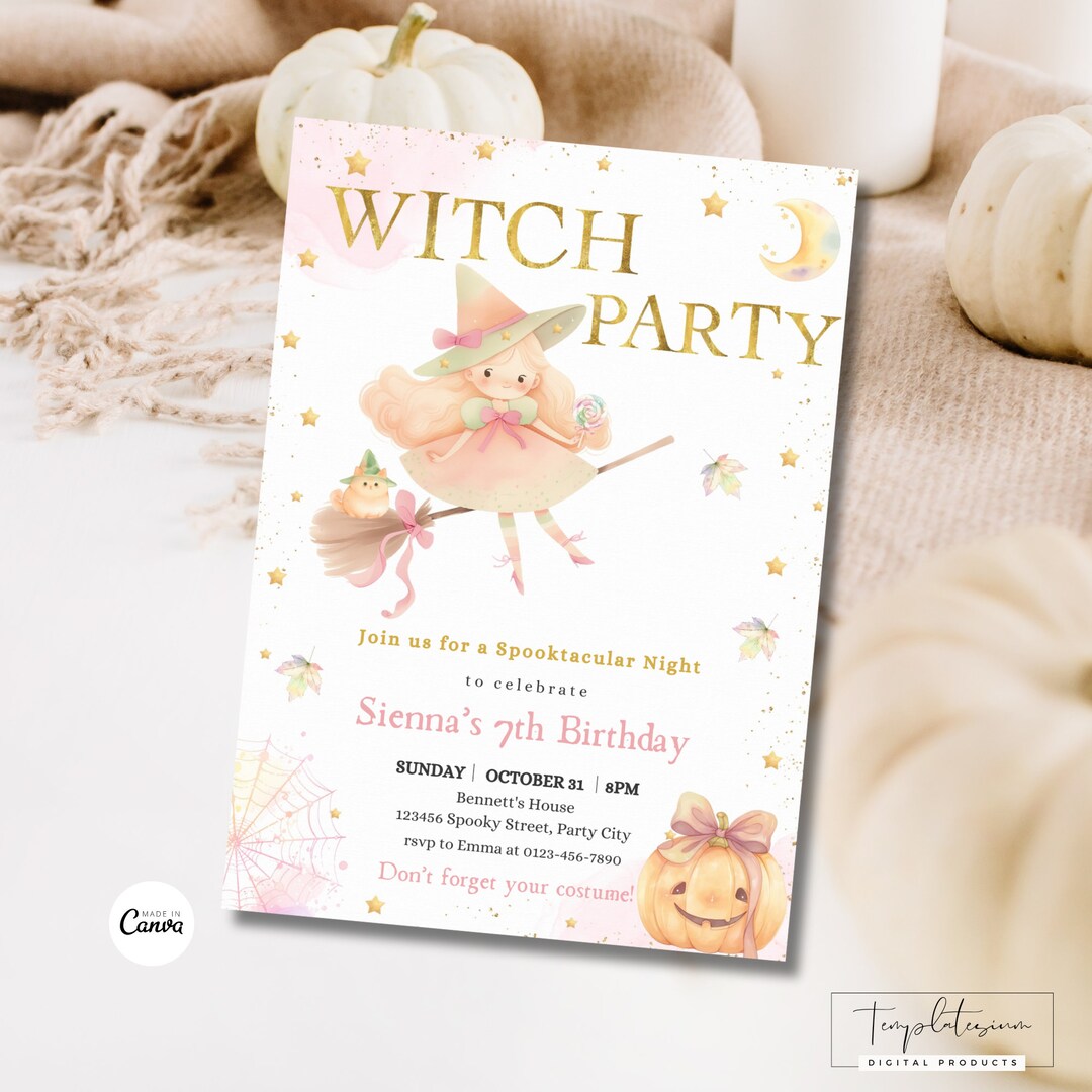 Halloween Witch Birthday Invitation, Kids Halloween Pastel, Printable ...