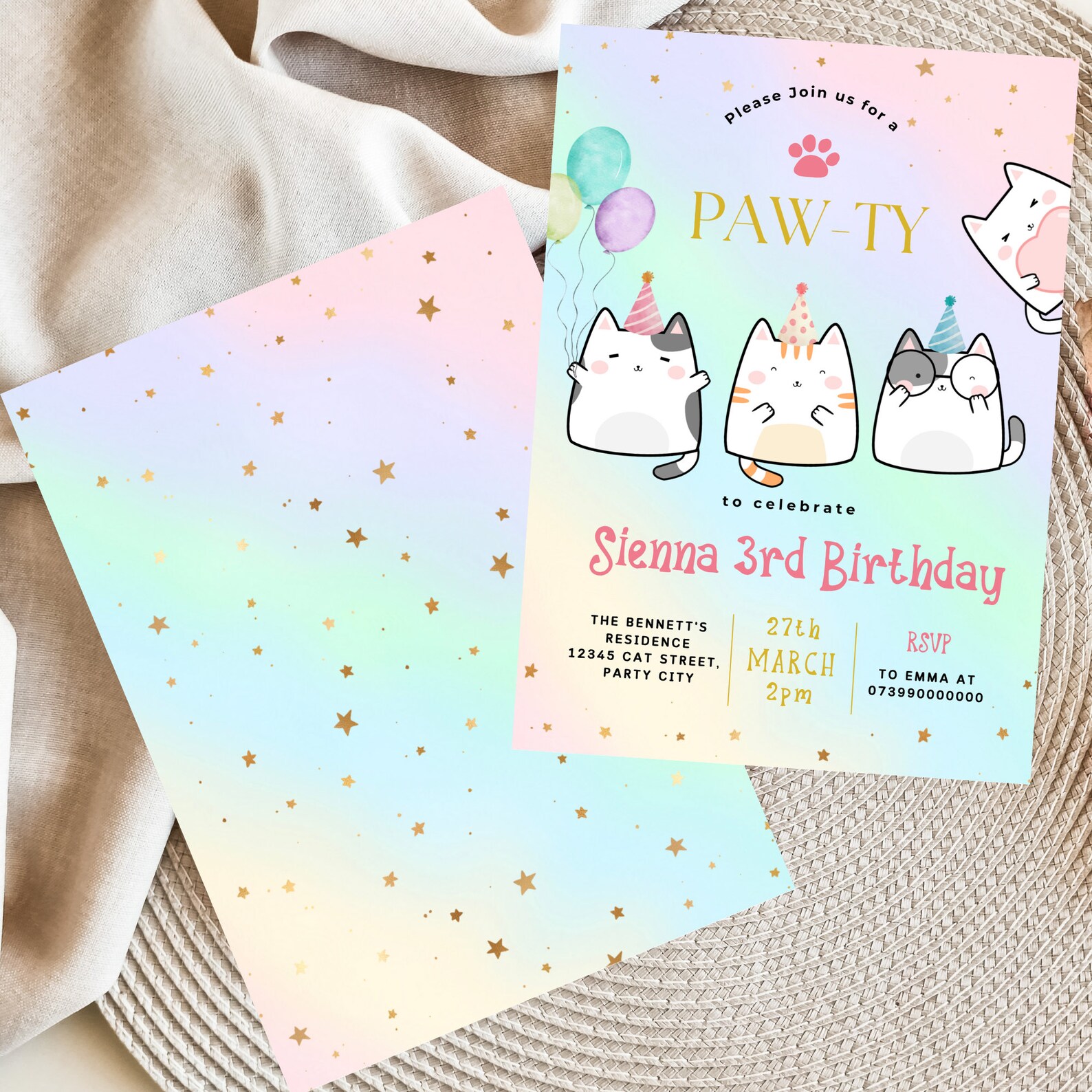 Editable Cat Invitation, Kitten Birthday Invite, Rainbow Kitty Cat ...
