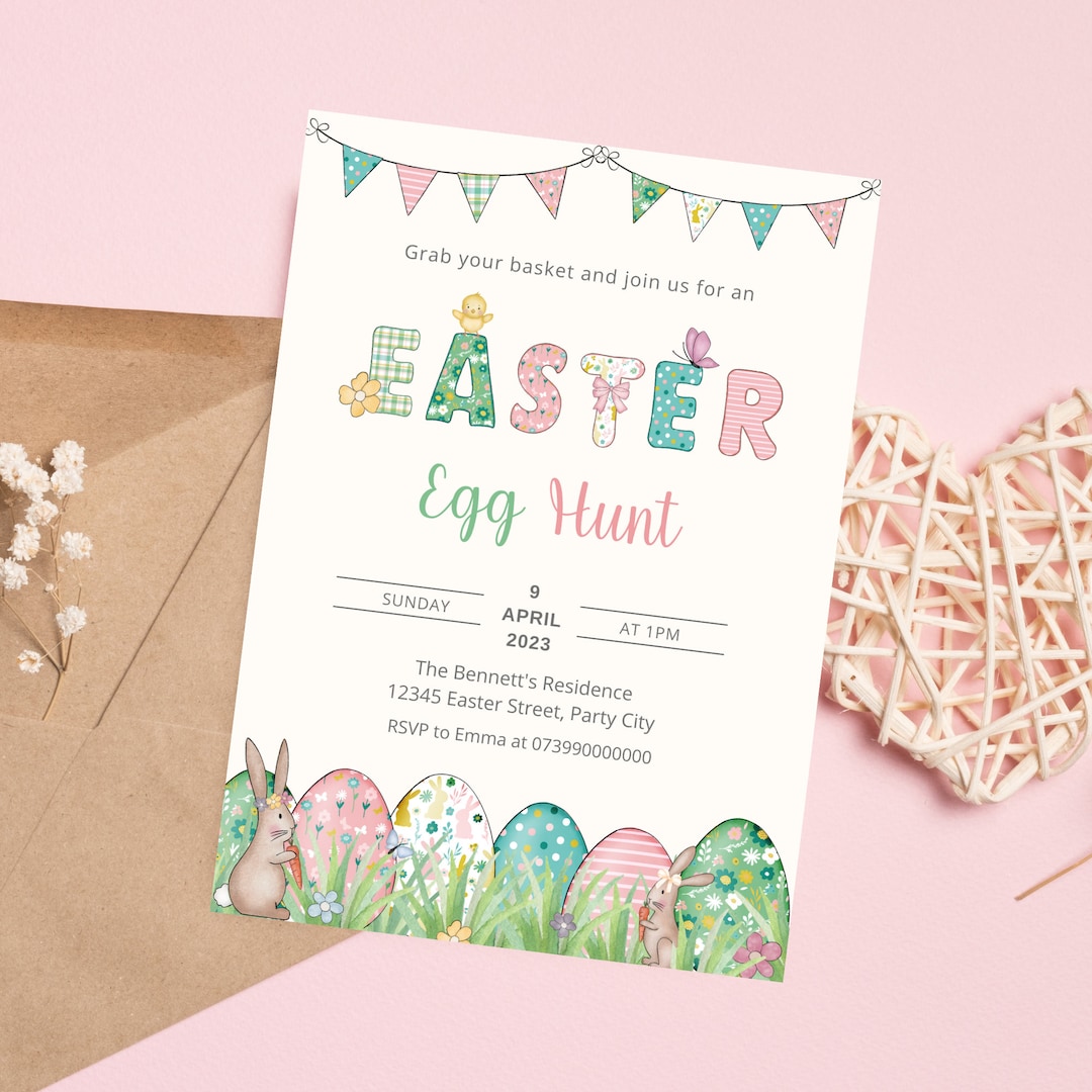 Editable Easter Egg Hunt Invitation, Easter Bunny Party Template Invite ...