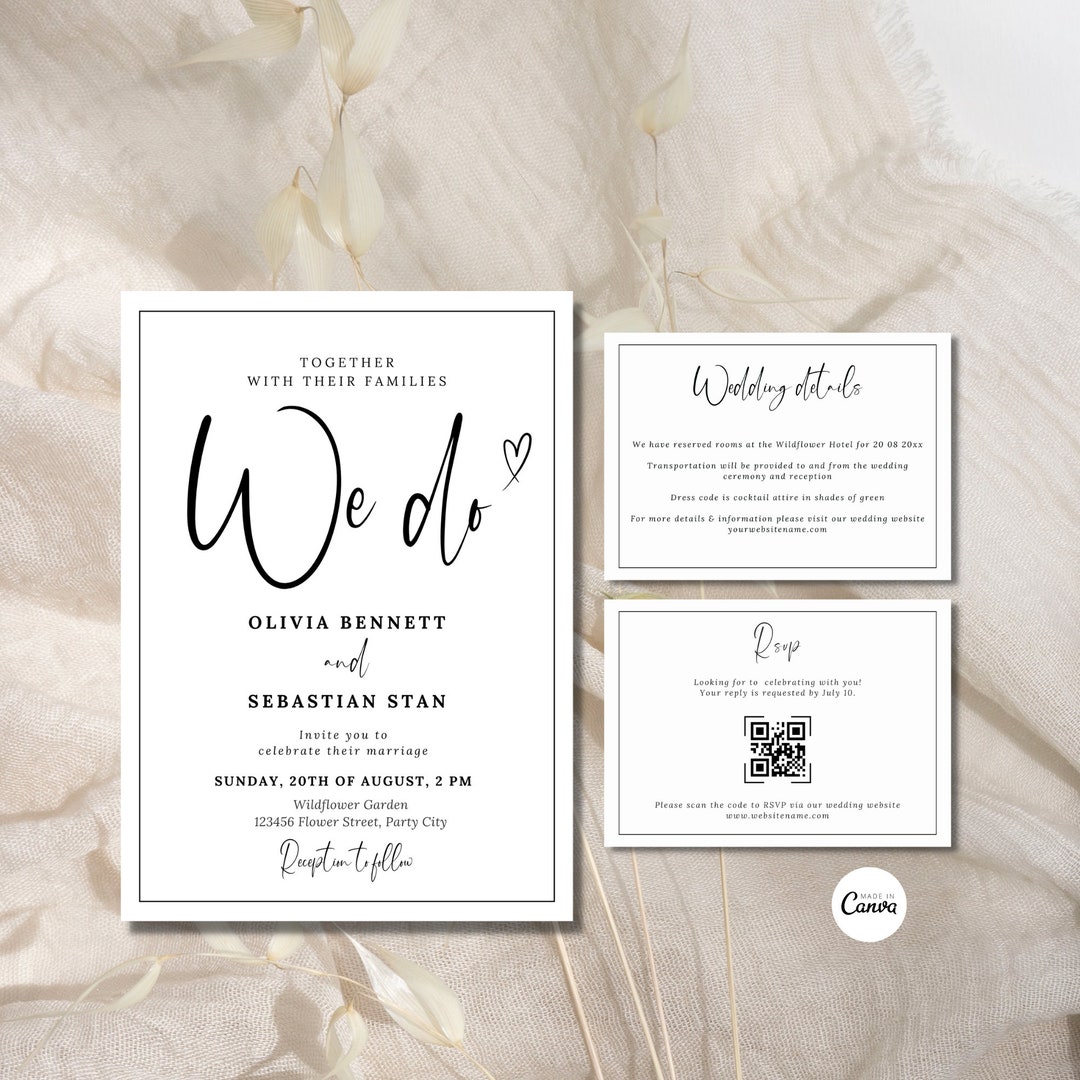 Wedding Invitation Template Set, QR Code RSVP, Printable, Editable ...