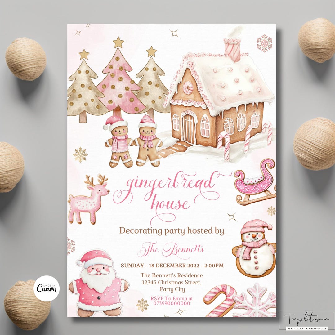 Editable Gingerbread House Decorating Party Invitation, Pink ...