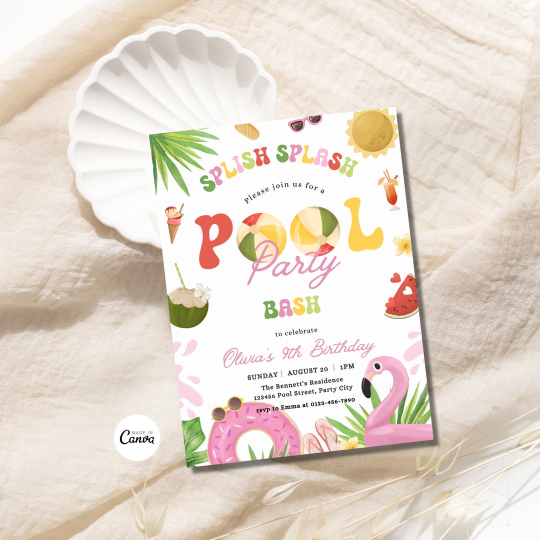 Tropical Pool Party Girl Birthday Invitation Editable Retro Birthday ...