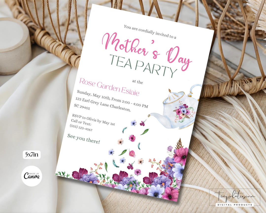 Mother's Day Tea Party Invitation Custom Pink Floral Teapot Digitally ...