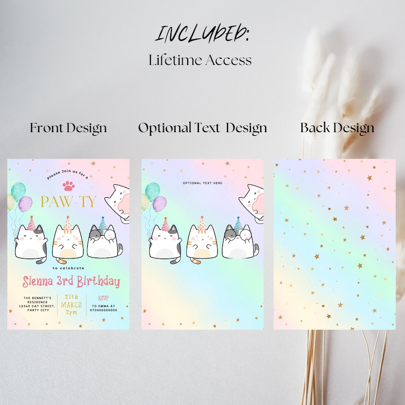 Editable Cat Invitation, Kitten Birthday Invite, Rainbow Kitty Cat ...