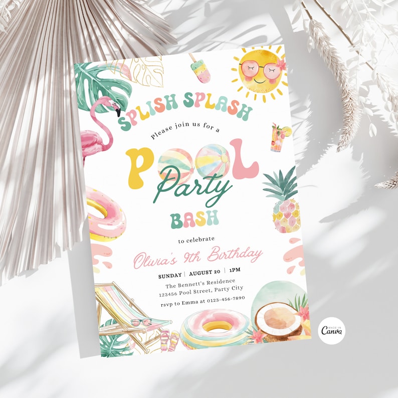 Tropical Pool Party Girl Birthday Invitation Editable Retro Birthday ...