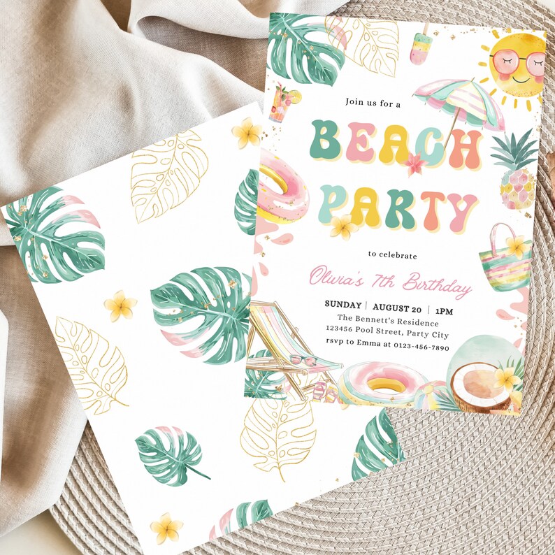 Tropical Beach Party Girl Birthday Invitation Editable Water Birthday ...
