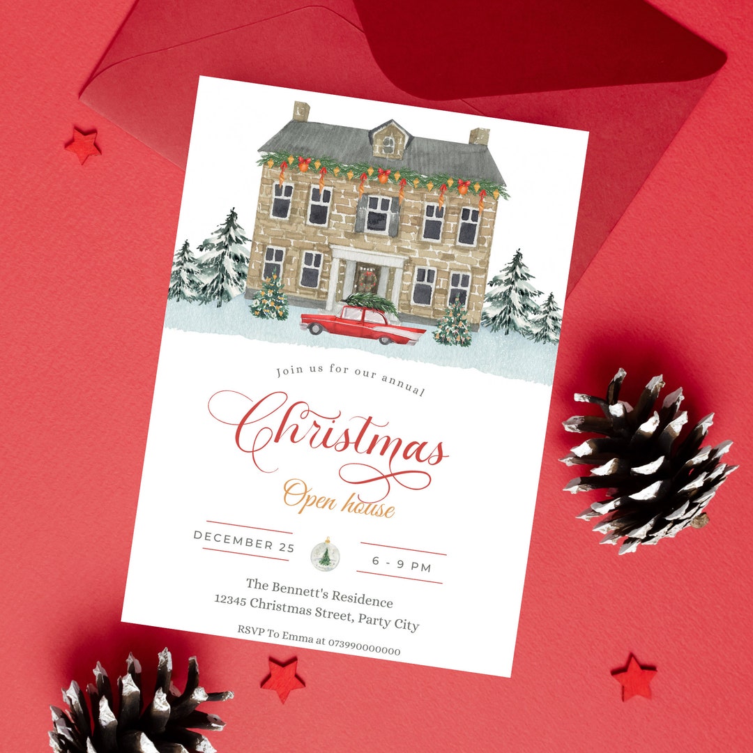 Editable Christmas Open House Party Invitation, Rustic Christmas House ...
