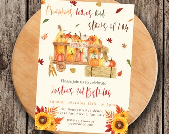 Pumpkins Leaves and Stacks of Hay Birthday Invite - Etsy