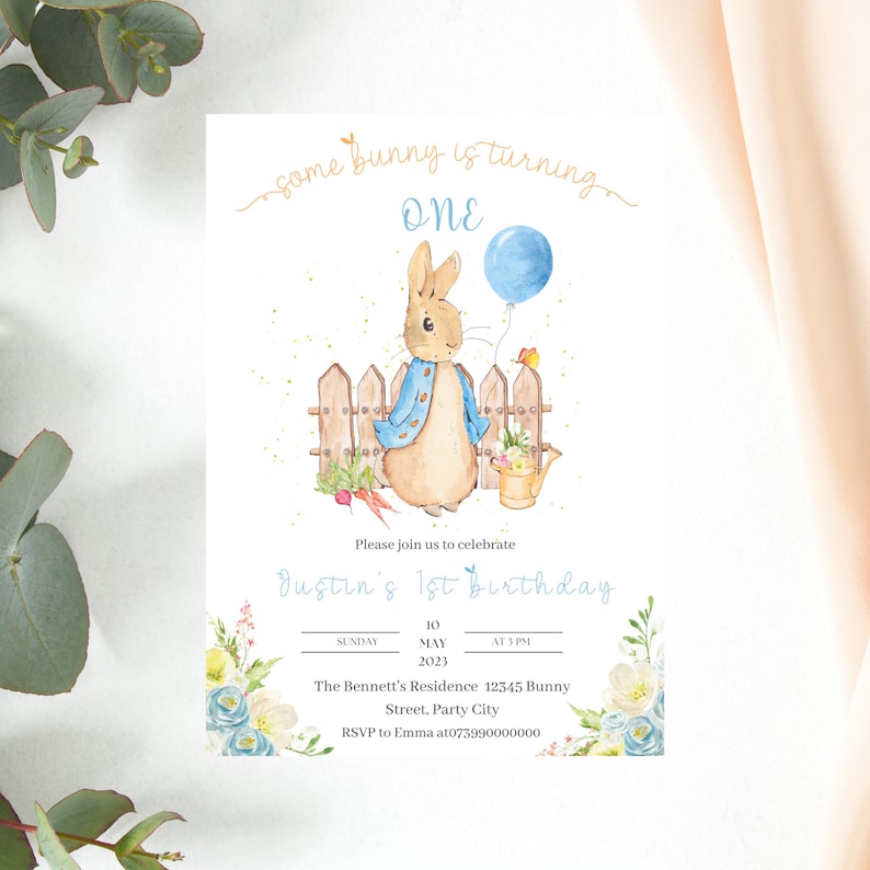 Editable Peter Rabbit 1st Birthday Party Invitation, Rustic Bunny First ...