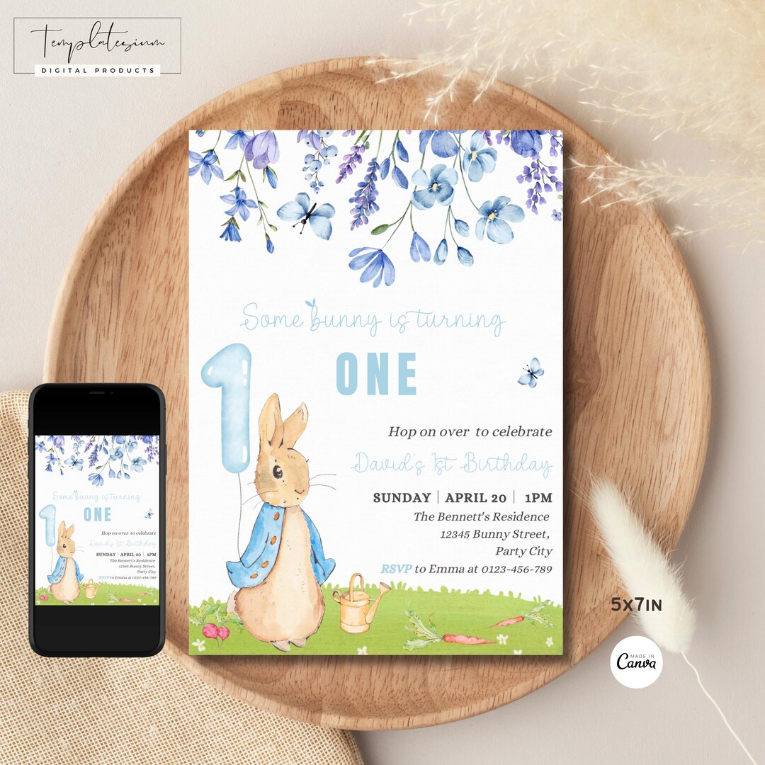 Peter Rabbit Invitation, Editable Invite Template, Rustic Bunny, Peter ...