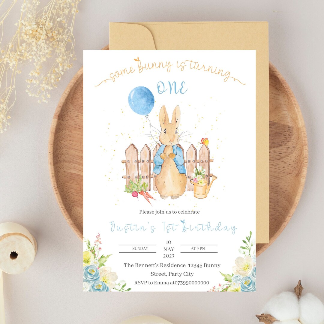 Editable Peter Rabbit 1st Birthday Party Invitation, Rustic Bunny First ...