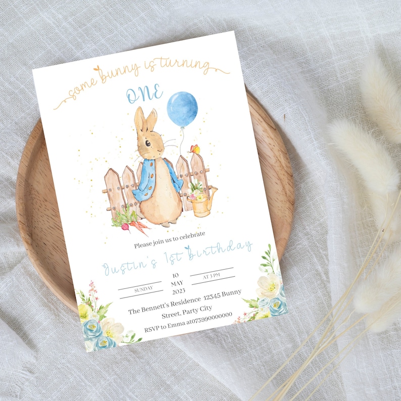 Editable Peter Rabbit 1st Birthday Party Invitation, Rustic Bunny First ...